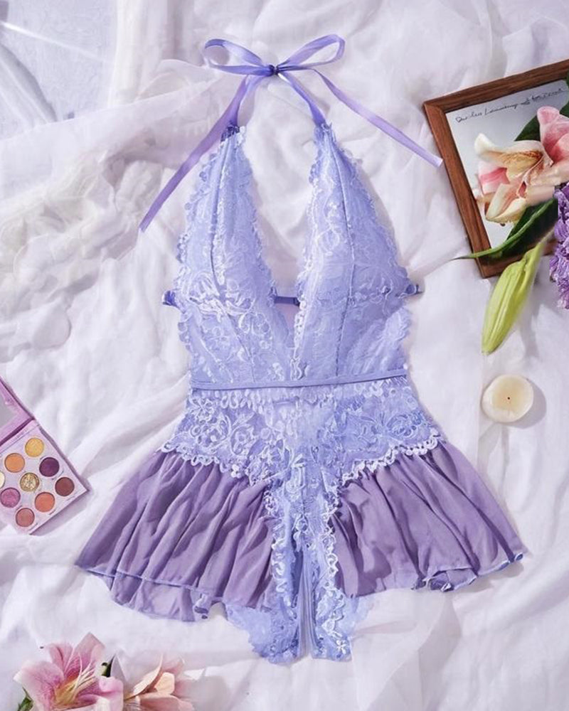 Sexy Hollow Lace See-through Suspenders Open Crotch One-piece Pajamas ...