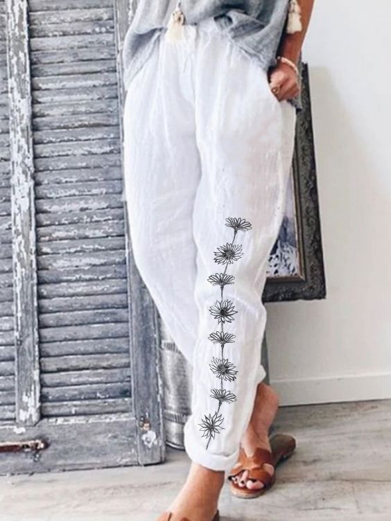 Women's Artistic Floral Print Linen Casual Pants – Rakkiss